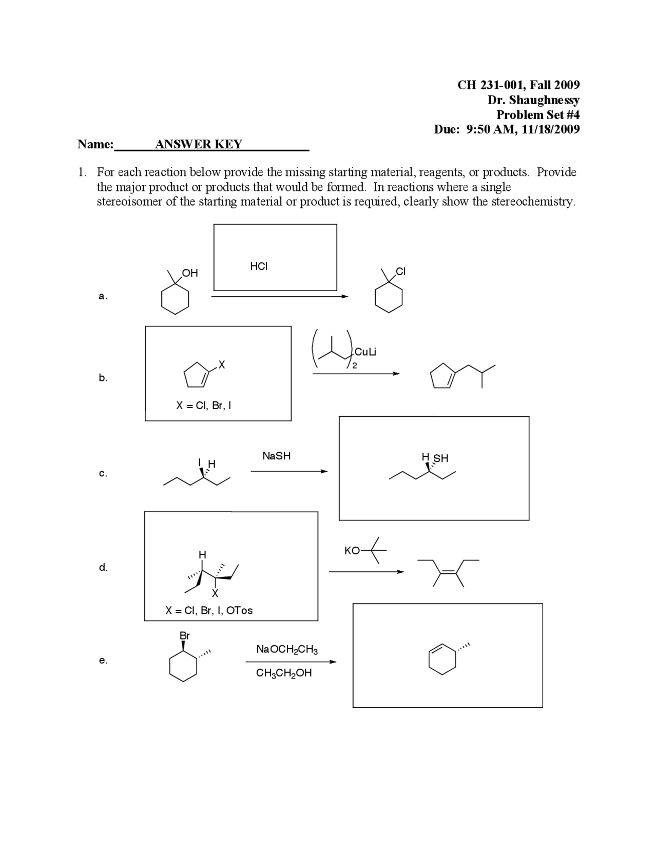 Problem Set 4 With 5 Problems On Elementary Organic Chemistry I Ch