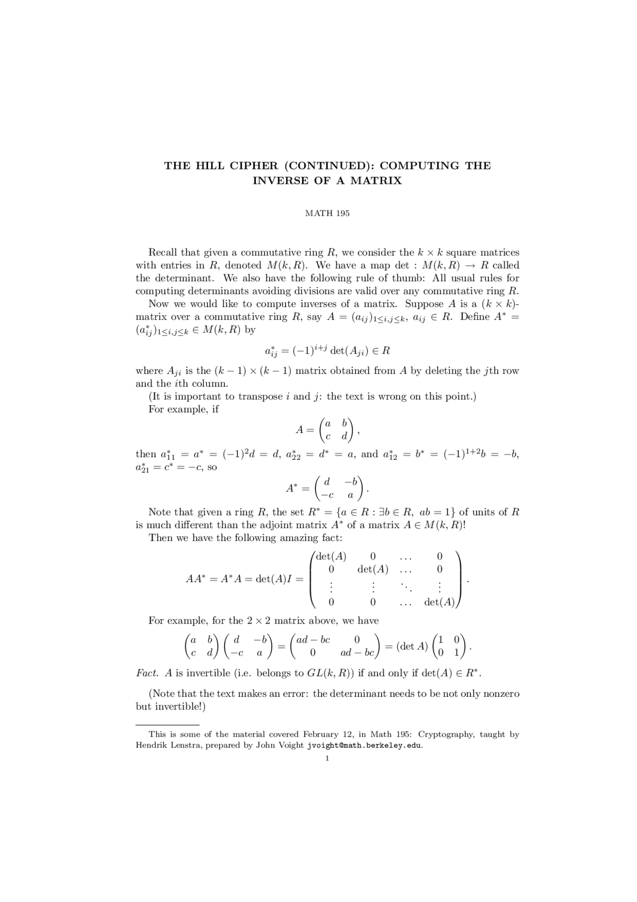 The Hill Cipher Computing the Inverse of a Matrix | MATH 195 - Docsity