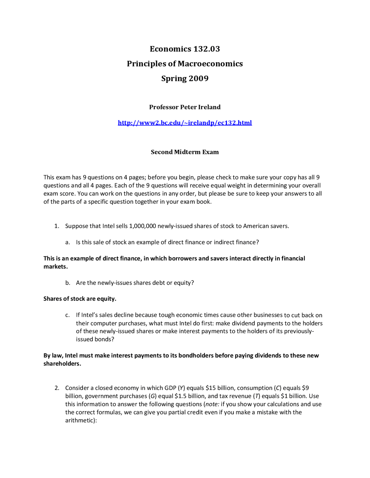 Midterm Exam 2 For Principles Of Economics Ii Ec 132 Docsity