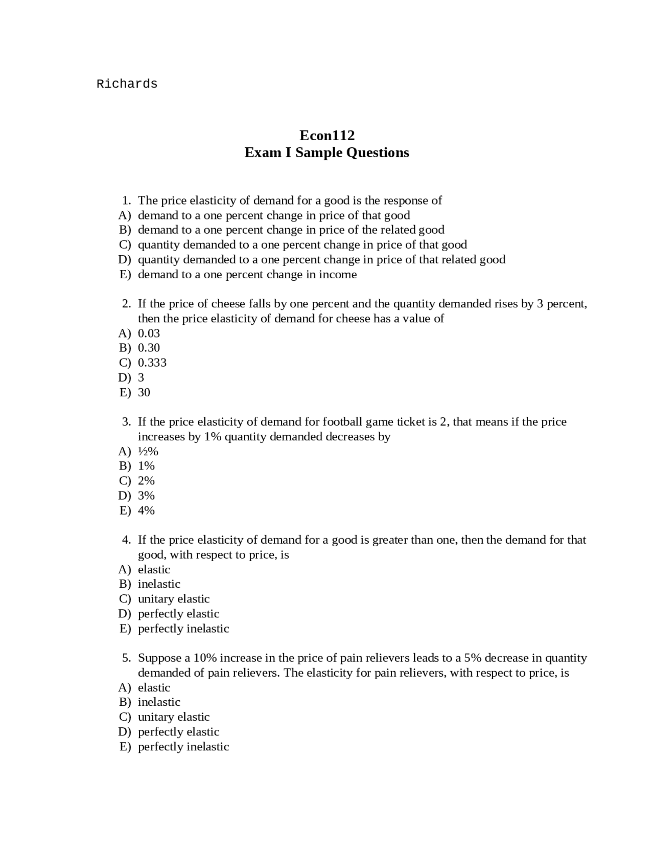 Exam 1 Sample Questions - Principles of Microeconomics | ECON 112 - Docsity