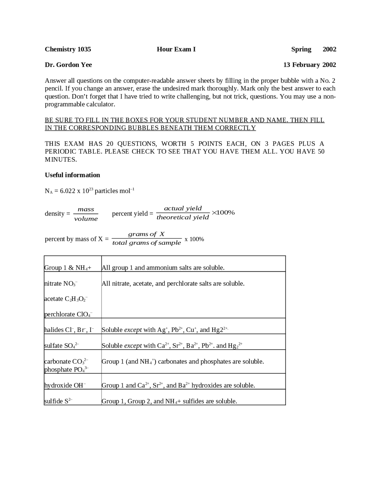 20 MCQs for Exam 1 | General Chemistry | CHEM 1035 - Docsity