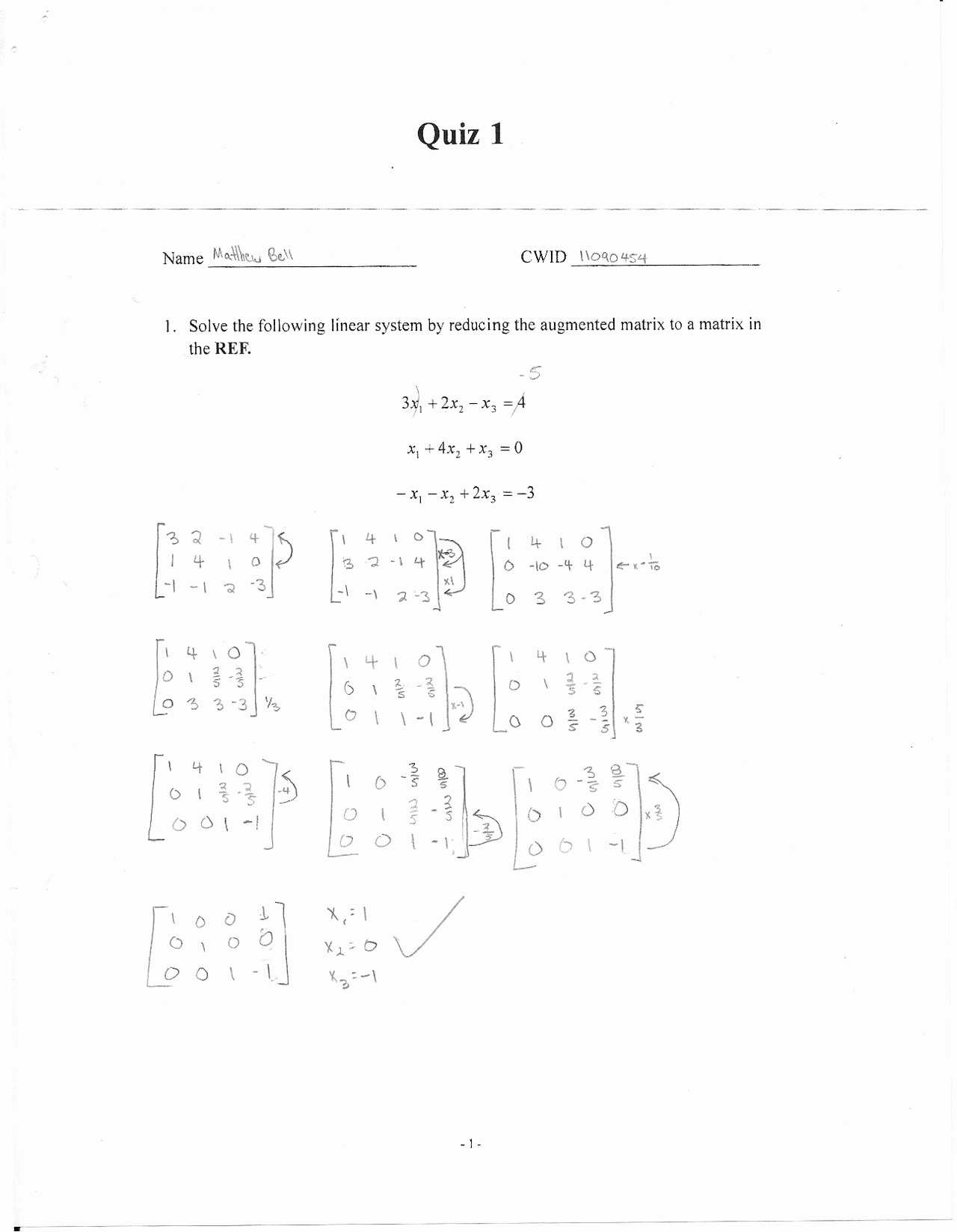 Applied Matrix Theory - Quiz One Solutions | MATH 237 - Docsity