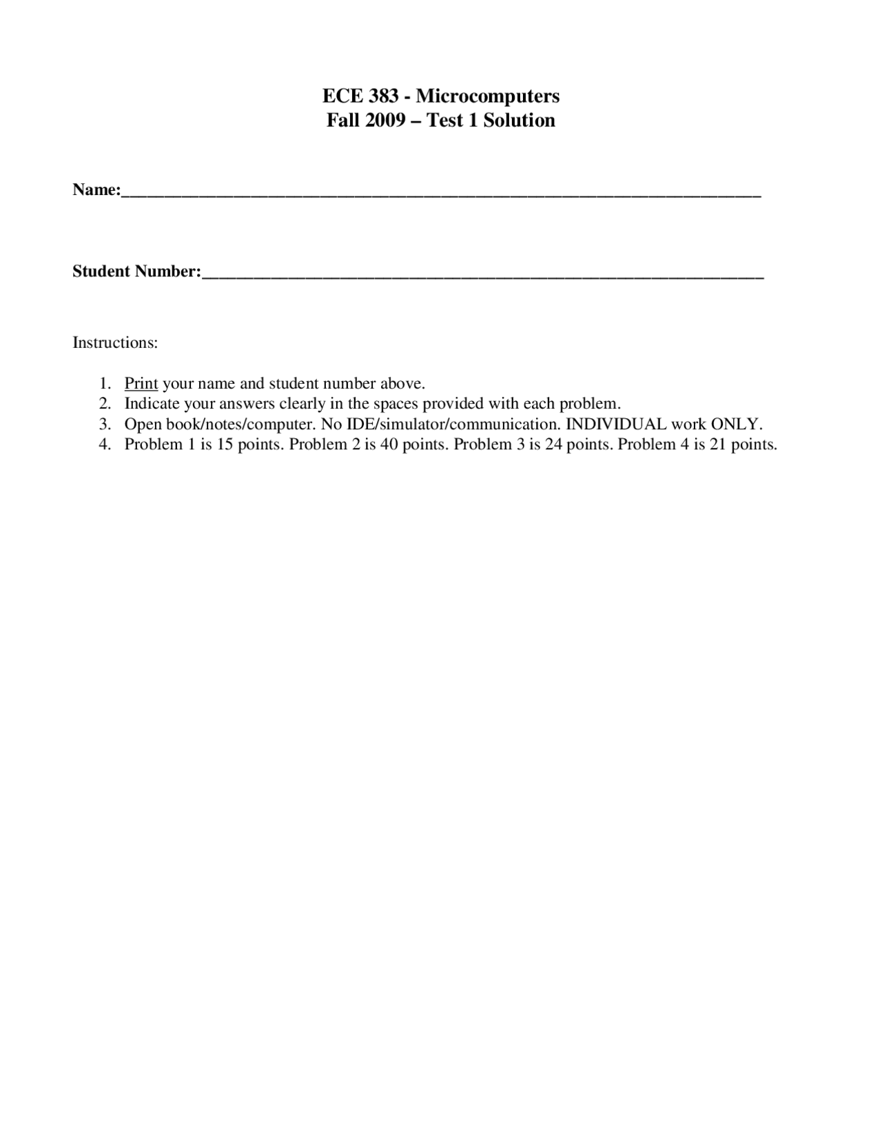 Solutions Of Exam 1 On Microcomputers Ece 383 Docsity