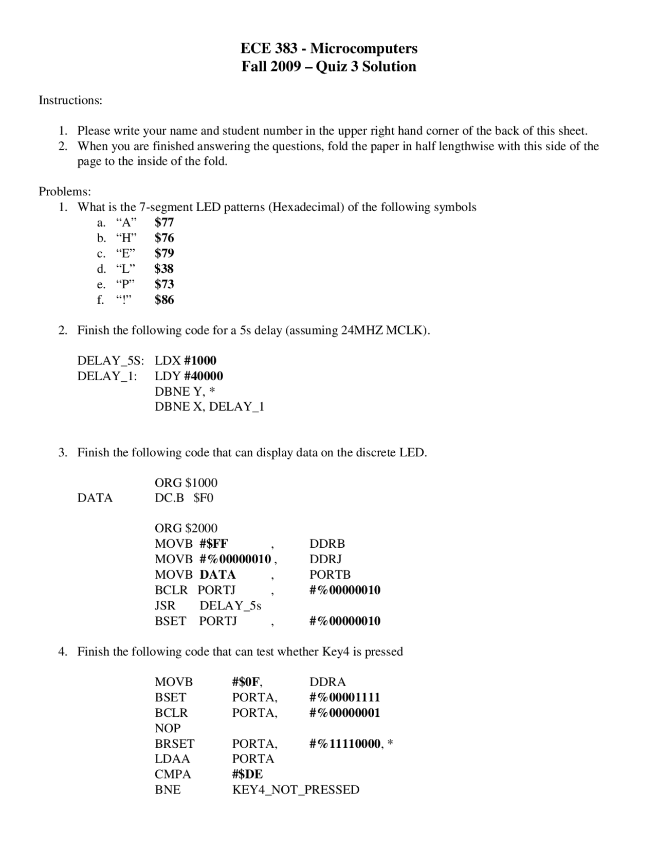 Quiz 3 Solution For Microcomputers Fall 2009 Ece 383 Docsity