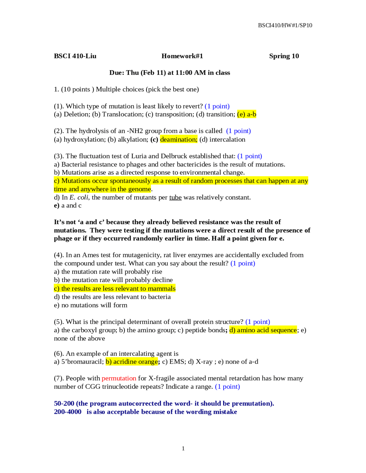 Homework 1 With Solution Molecular Genetics Bsci 410 Docsity