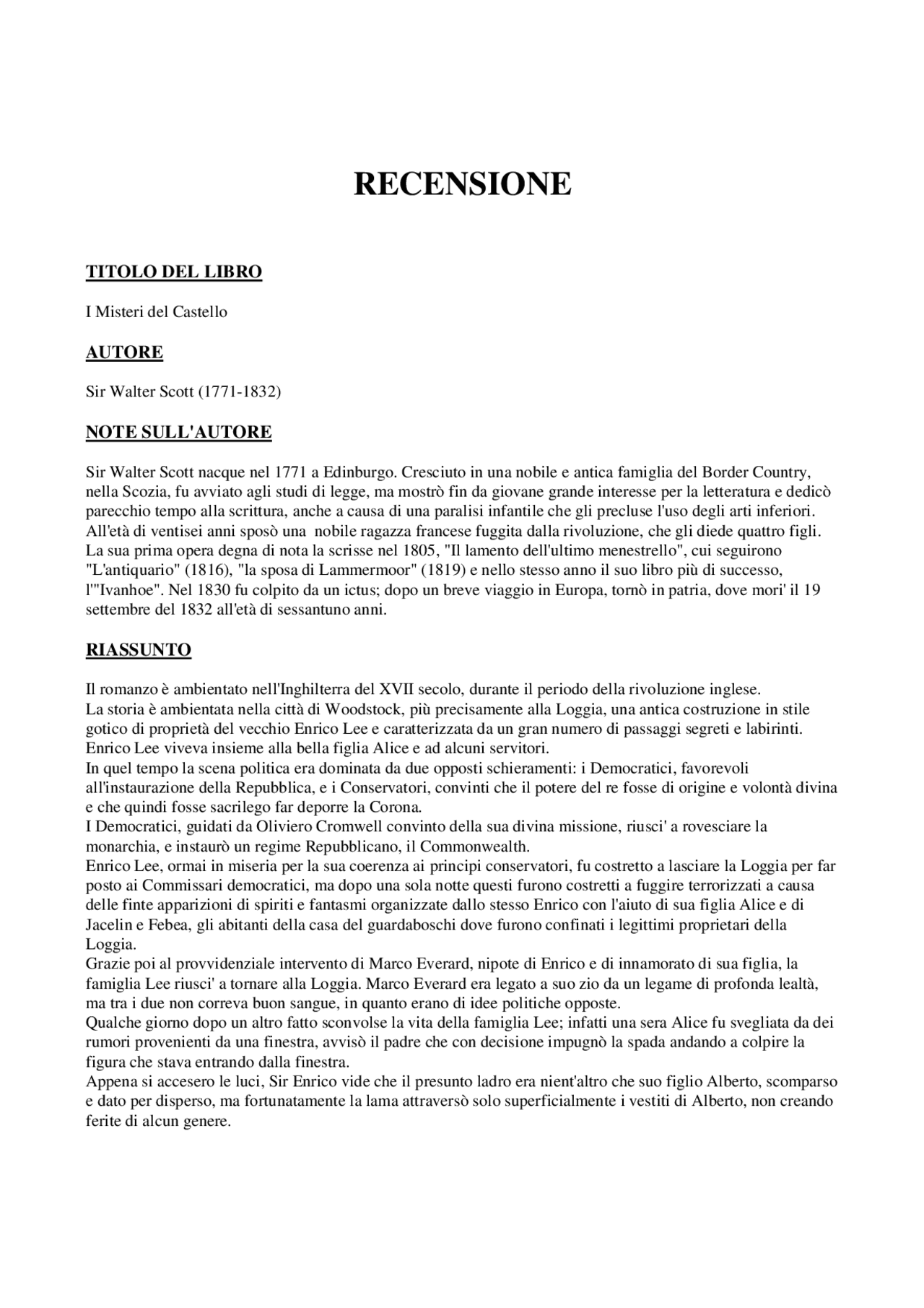 I Misteri Del Castello Scott Scheda Docsity