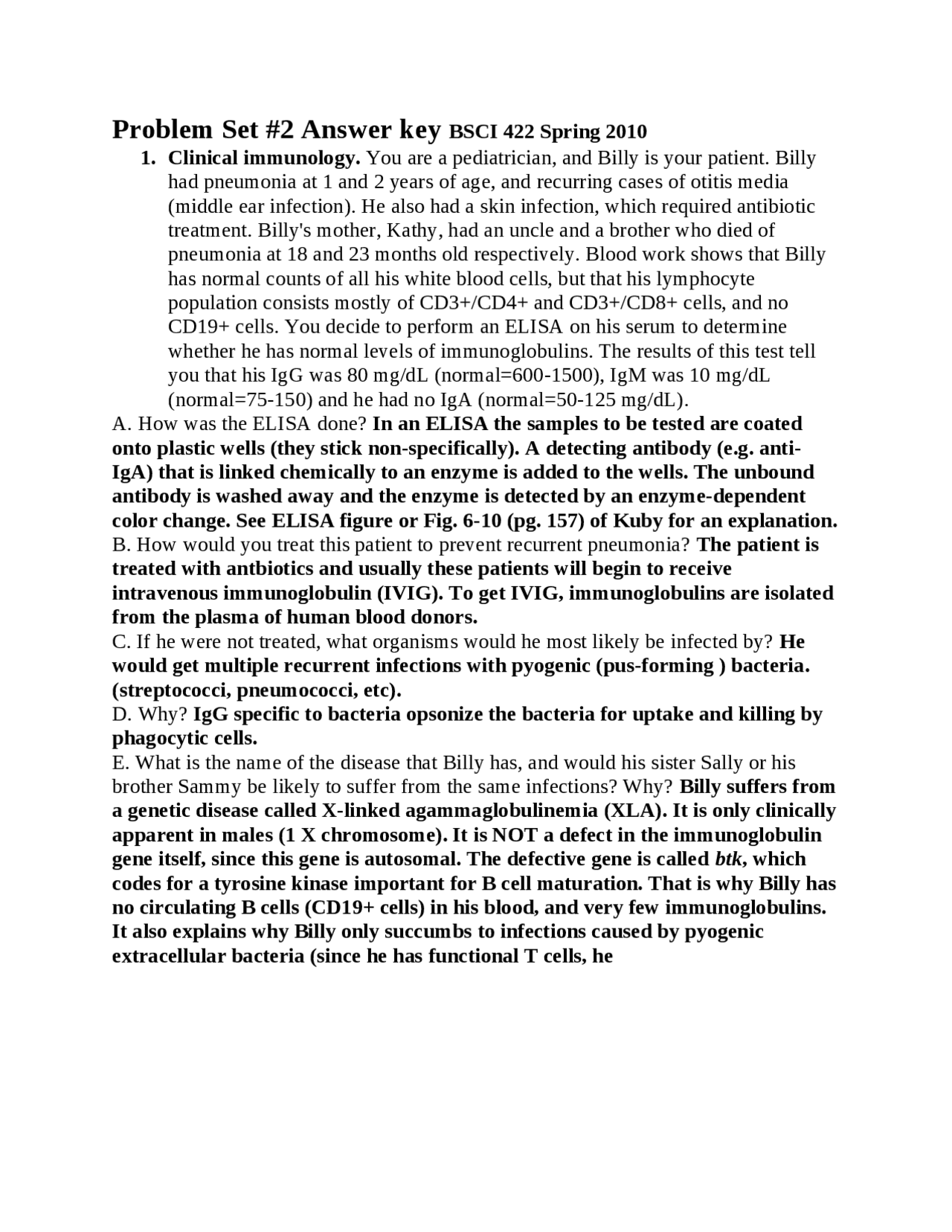 Problem Set 2 With Answer Key Principles Of Immunology Bsci 422