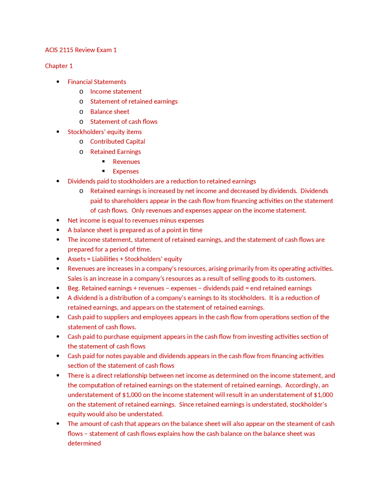 Review Sheet for Exam 1 - Principles of Accounting | ACIS 2115 - Docsity