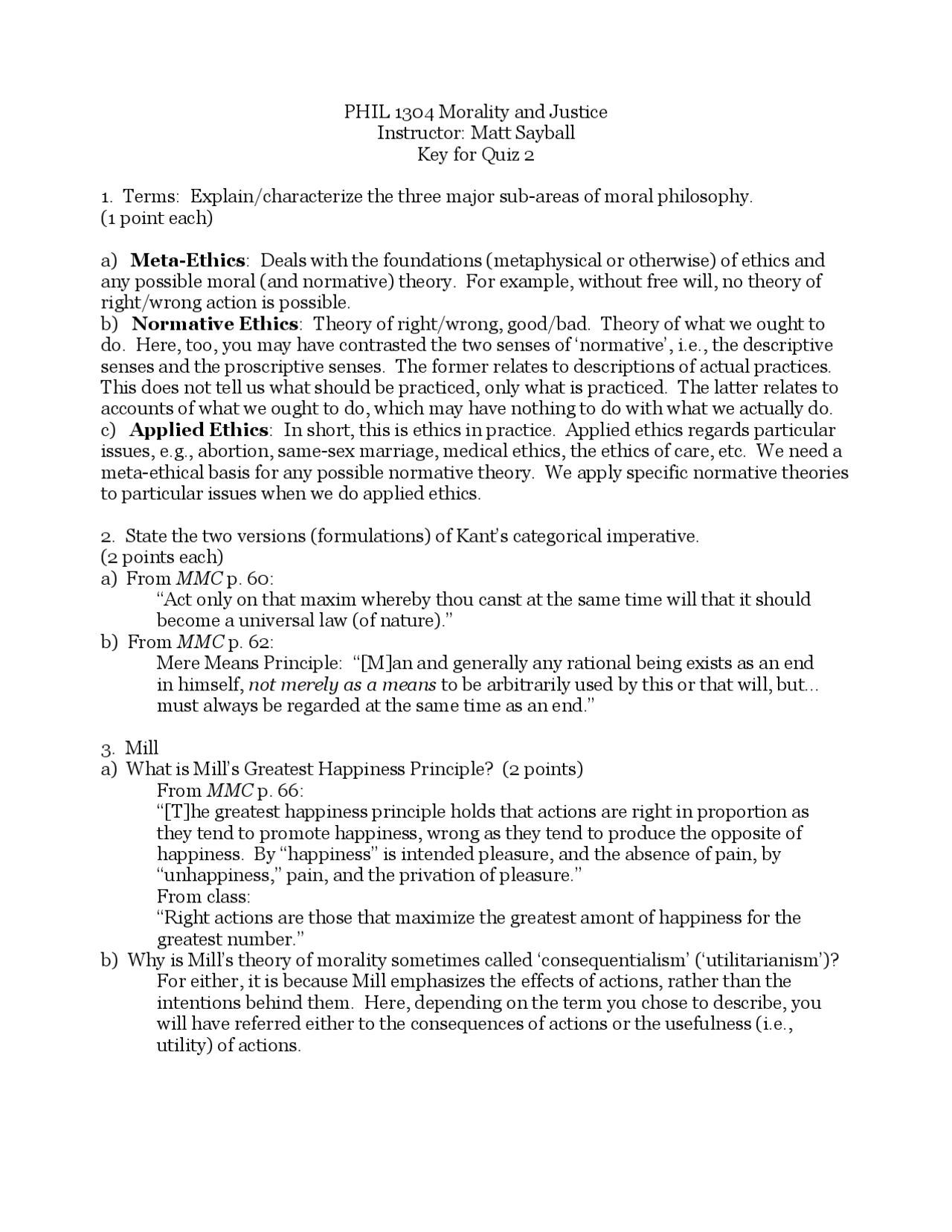 Key for Quiz 2 on Morality and Justice | PHIL 1304 - Docsity