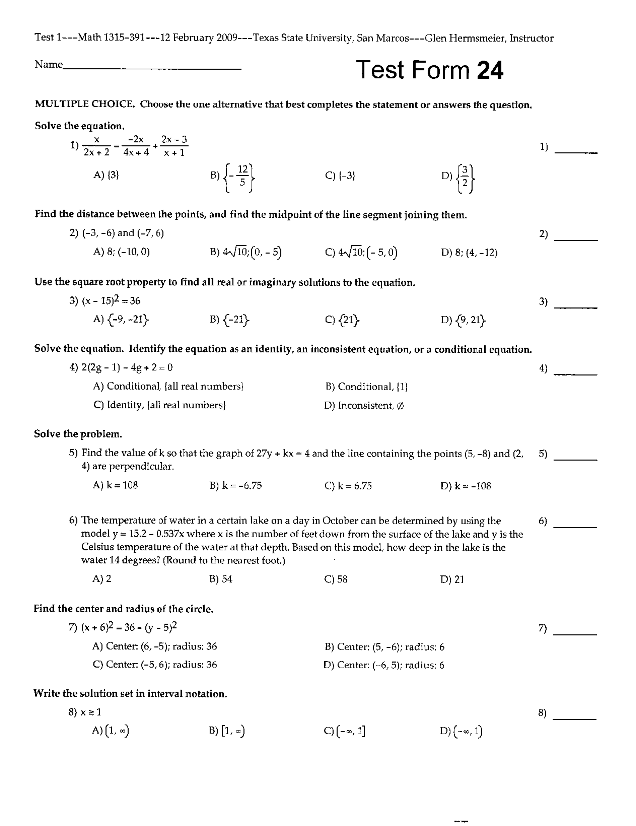 Past Exam Objective Paper - College Algebra | MATH 1315 - Docsity
