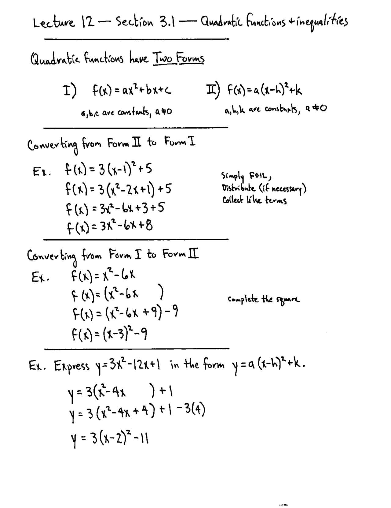 Quadratic Functions And Inequalities Handwritten Notes Math 1315