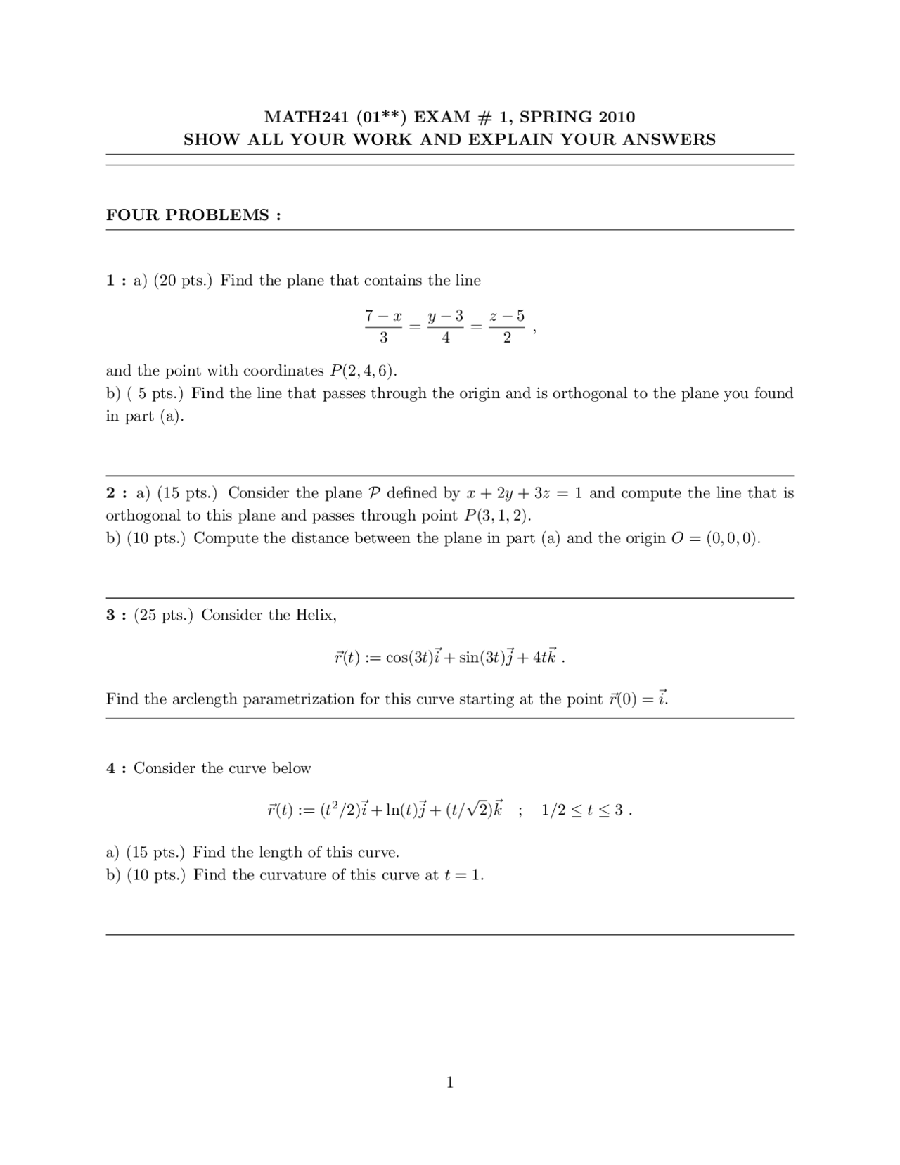 Examination I Practice Problems on Calculus III - Spring 2010 | MATH 241 | Exams Advanced ...