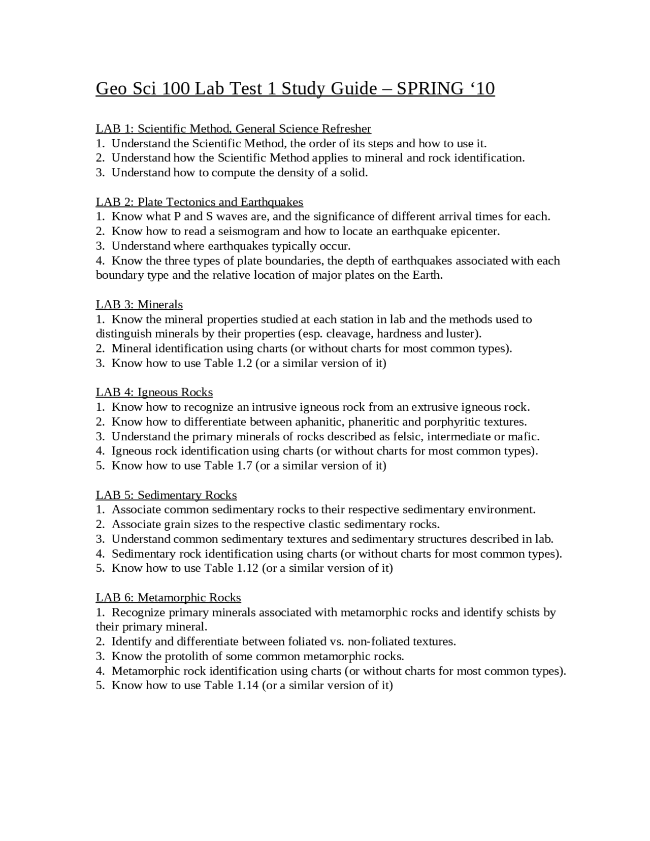 Lab Test 1 Study Guide - Introduction to the Earth | GEO SCI 100 - Docsity