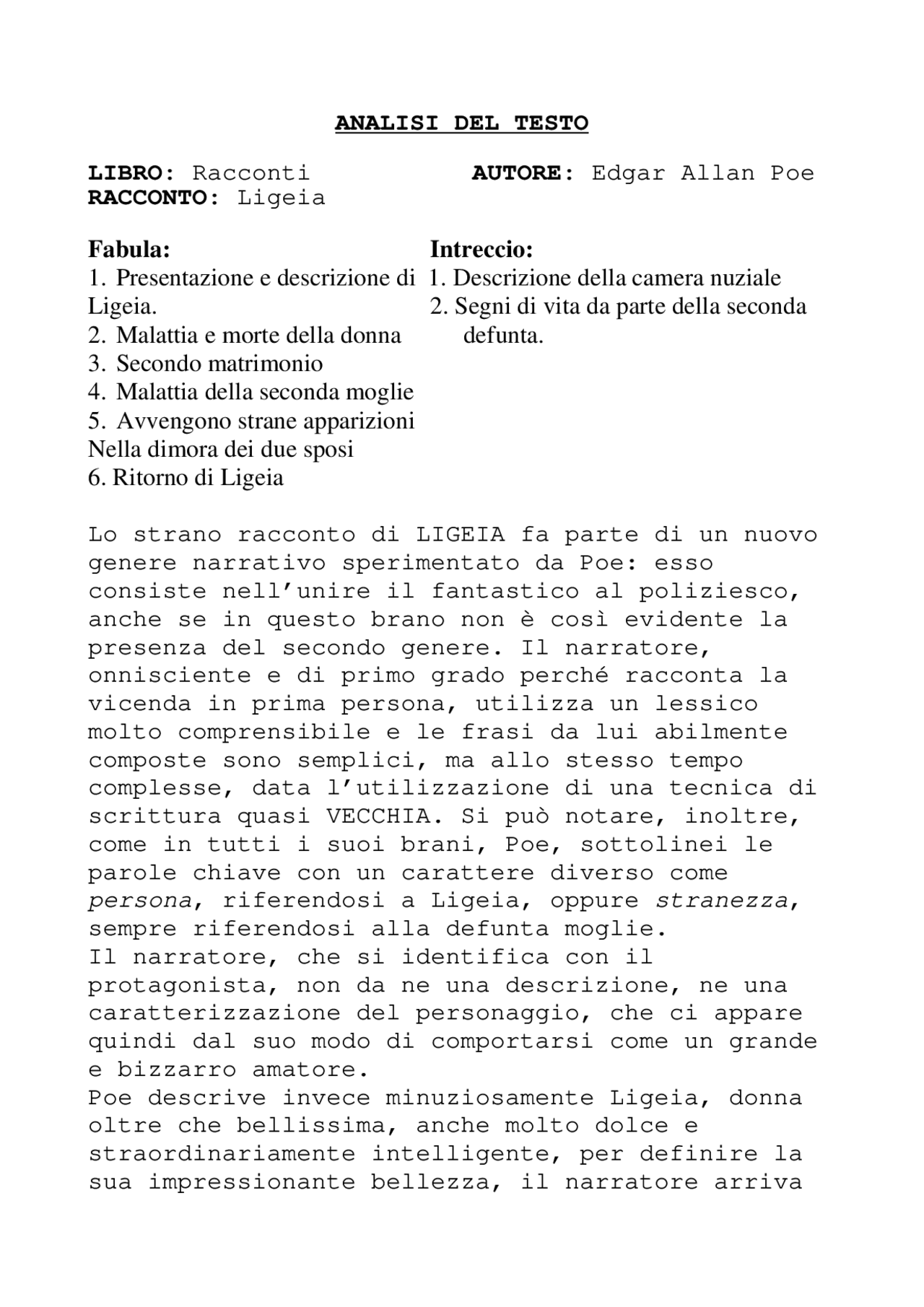 Ligeia Edgar Allan Poe Scheda Docsity