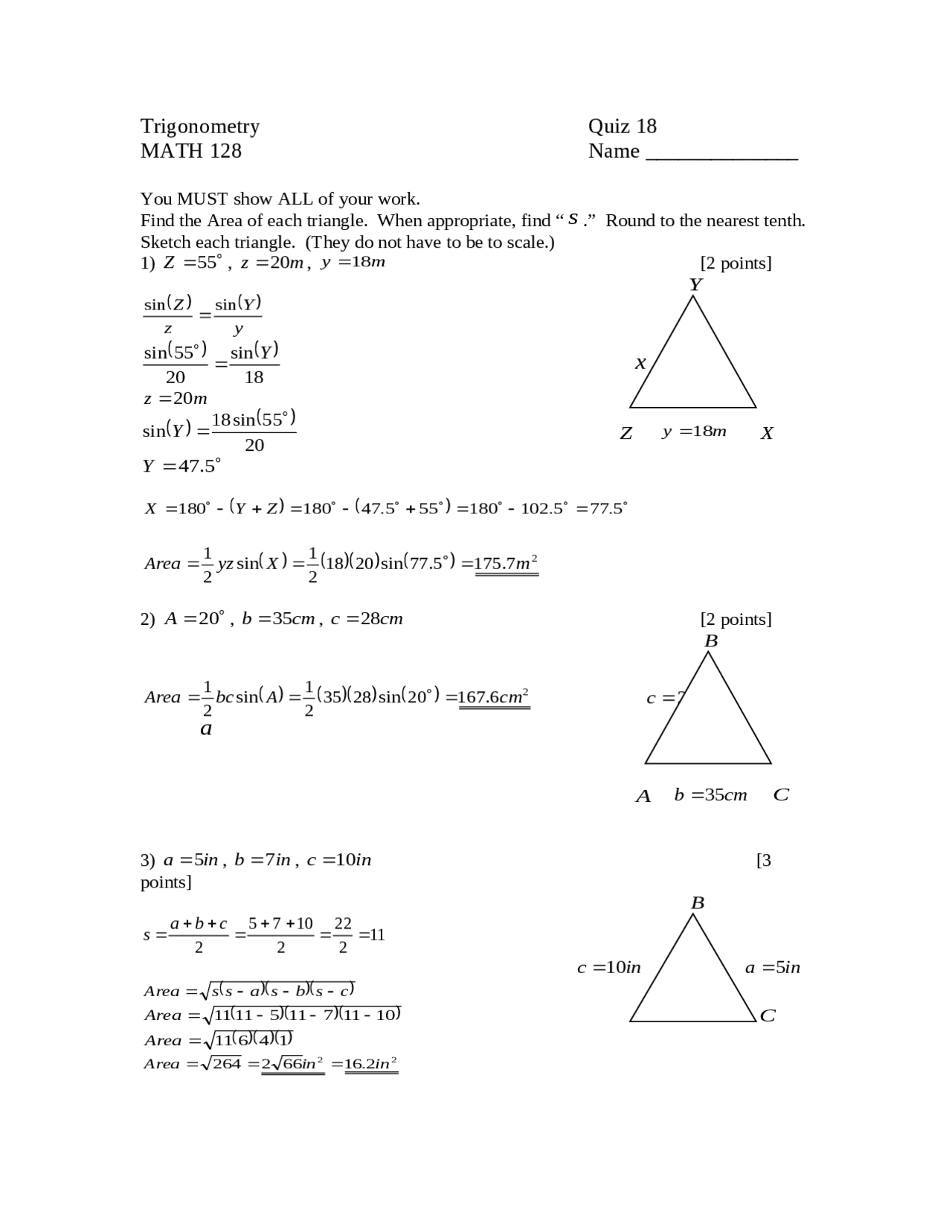 Quiz 18 With Solutions Plane Trigonometry Math 128 Docsity