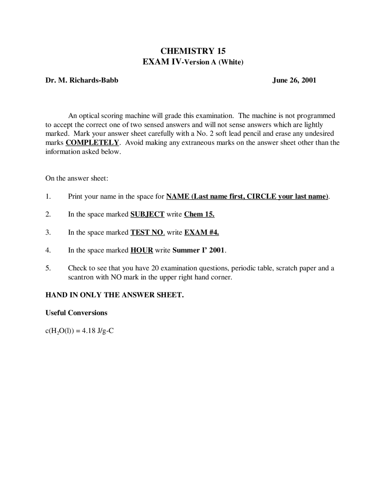 Exam 4 Version A With Answer Key Fundamentals Of Chemistry Chem 115