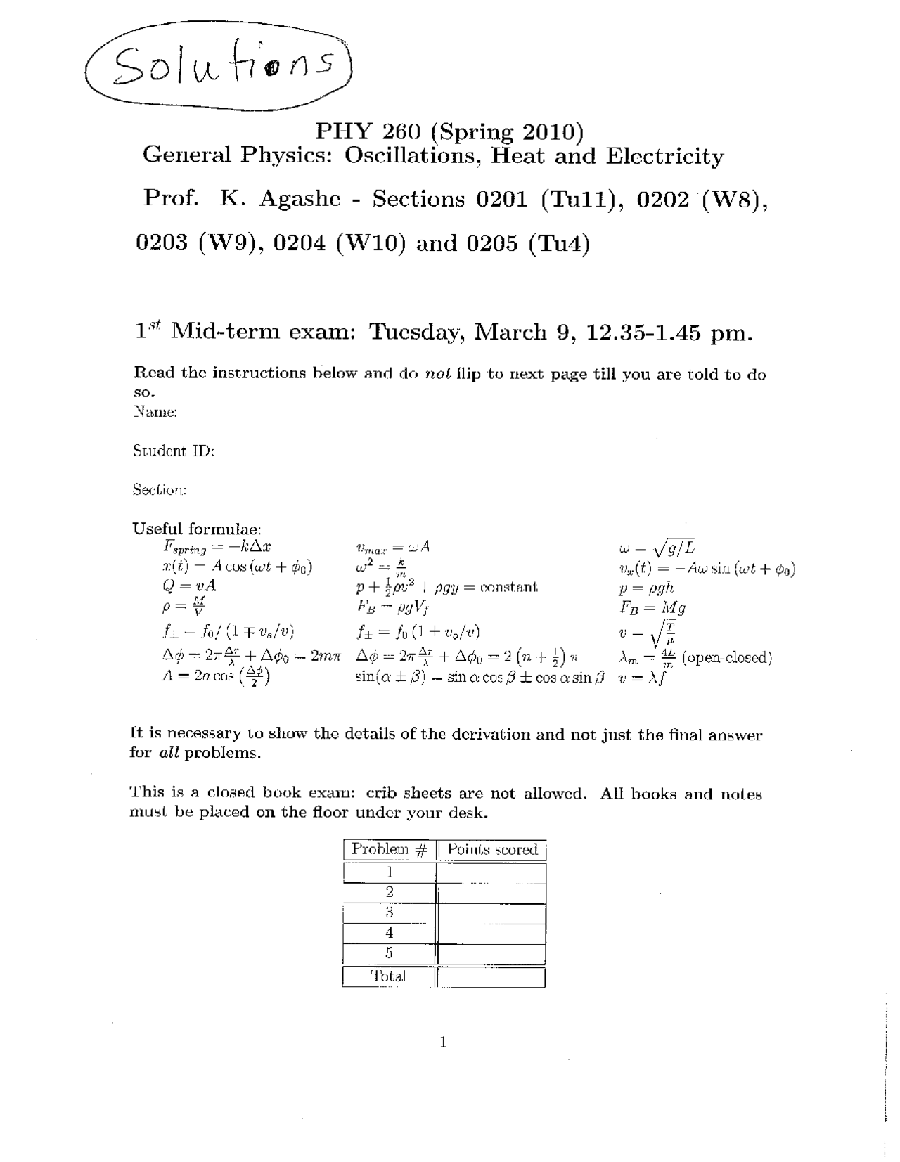 General Physics: Oscillations, Heat and Electricity - Midterm Exam Solved | PHYS 260 - Docsity