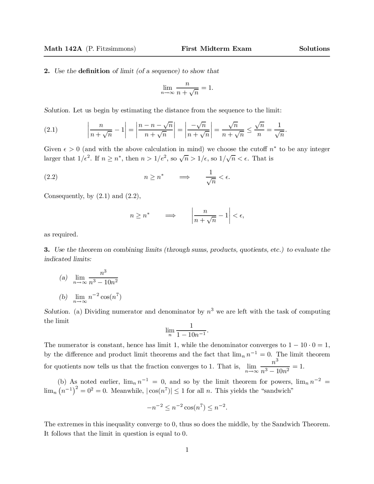 Math 142A First Midterm Exam Solutions: Limits and Sequences | Exams Spanish Language | Docsity
