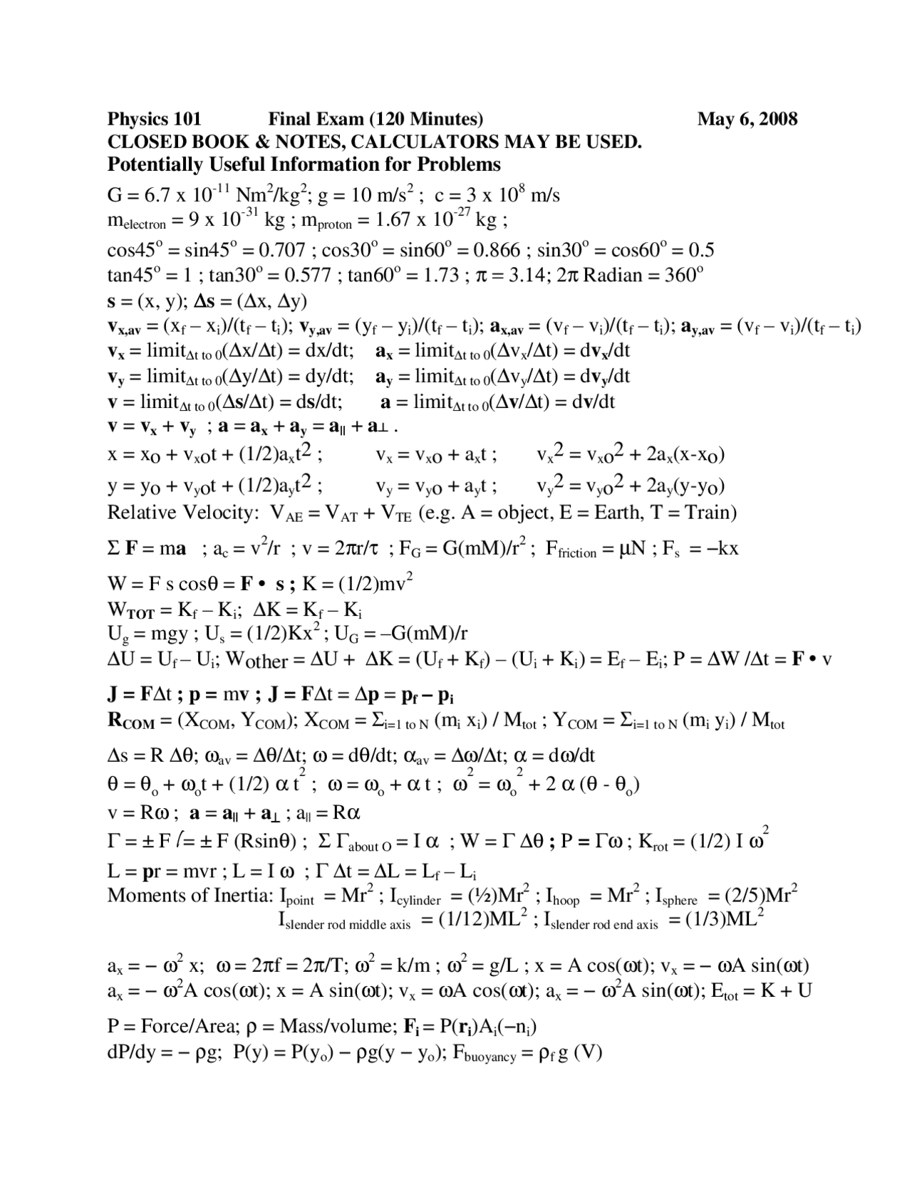 Mechanics, Heat and Sound - Useful Information for Problems | PHYS 101 - Docsity