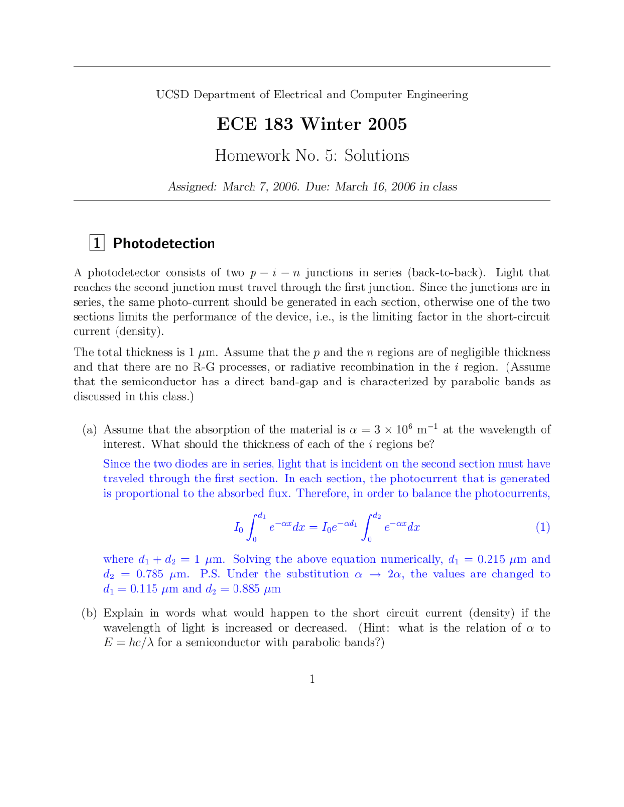 Homework 5 Solutions For Optical Electronics Ece 183 Docsity