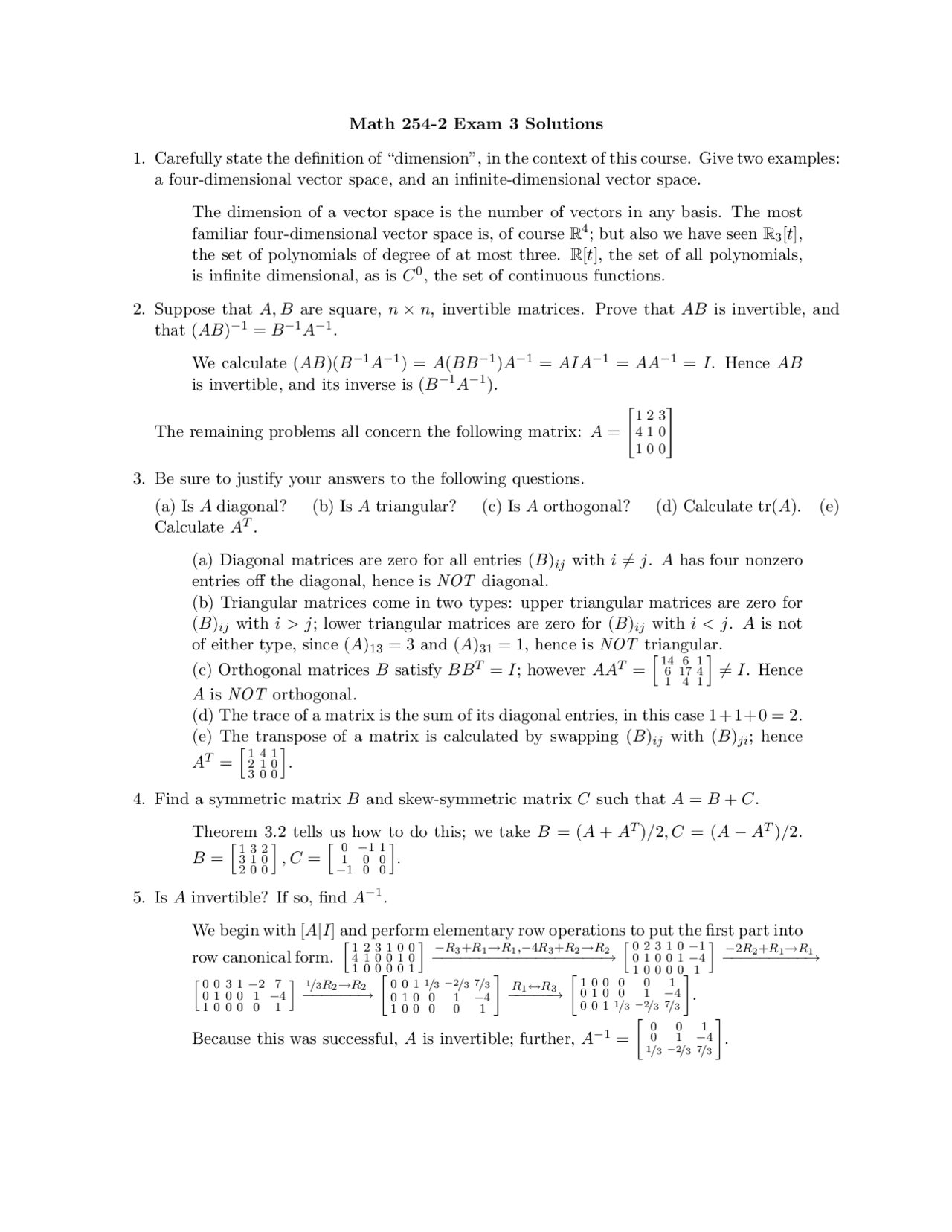 Exam 3 With Solutions Linear Algebra Math 254 Docsity
