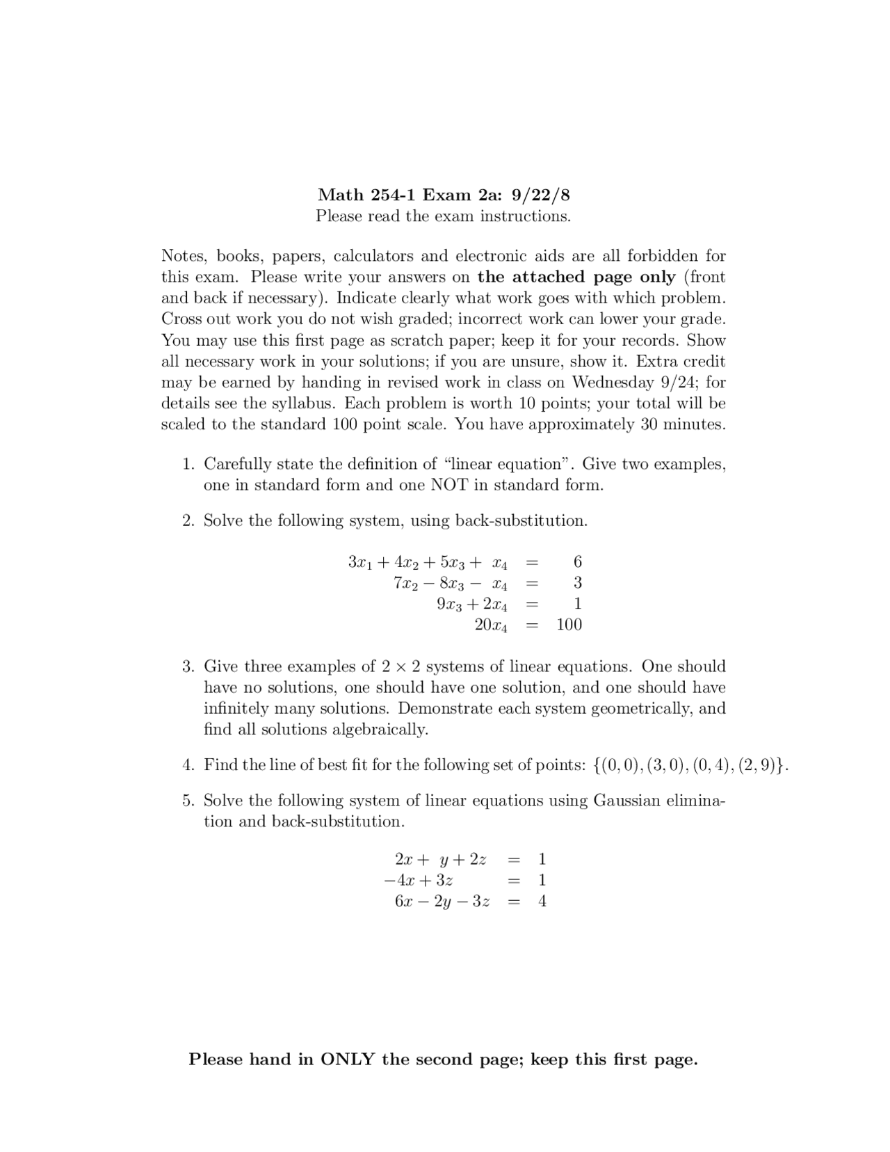 Test 2 with Solution - Introduction to Linear Algebra | MATH 254 - Docsity
