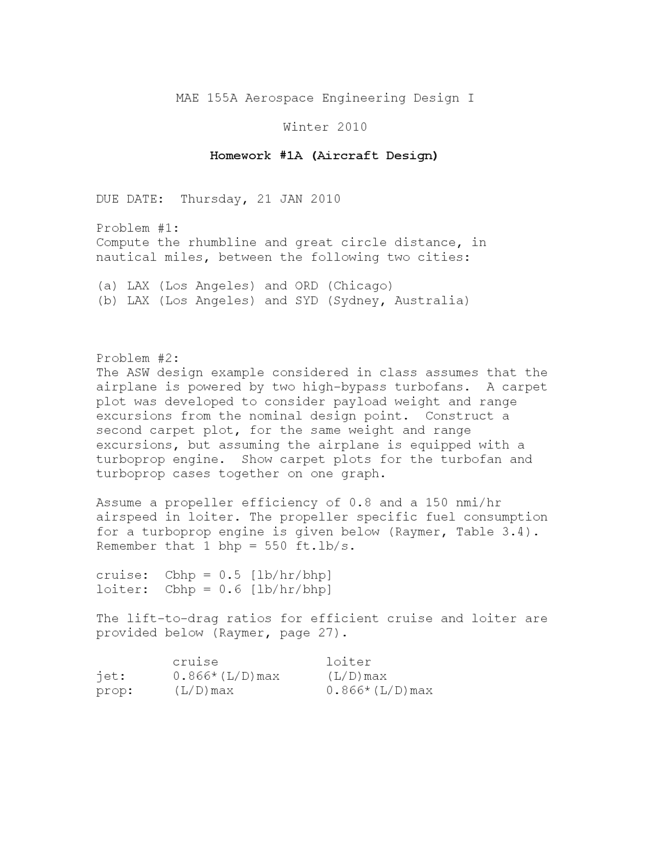 Aircraft Design: Homework 1A on Aerospace Engineering Design I | MAE ...
