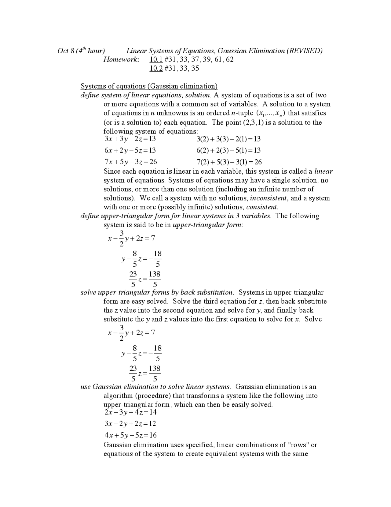 Linear Systems Of Equations And Gaussian Elimination Assignment