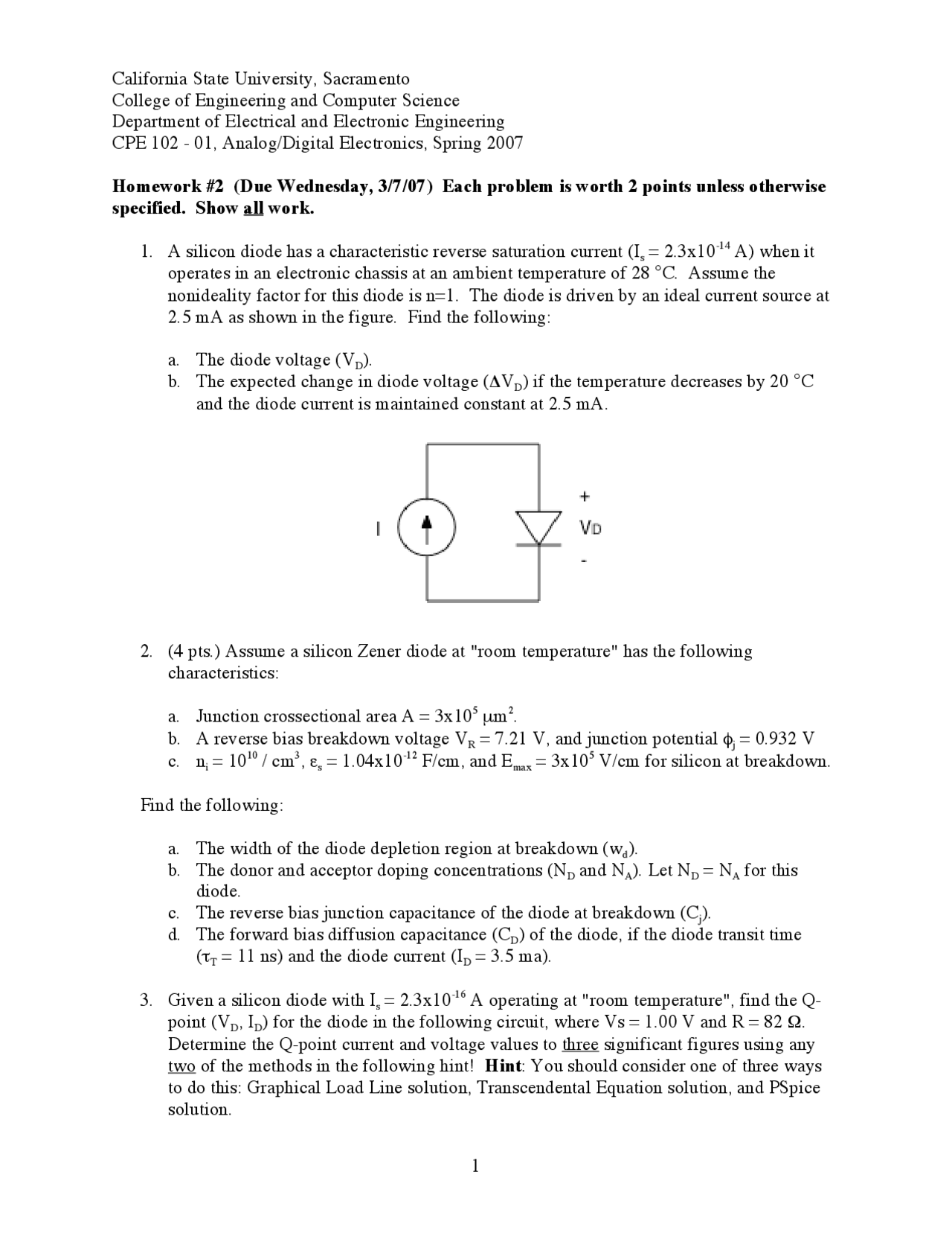 Analog And Digital Electronics Homework 2 Questions Cpe 102 Docsity