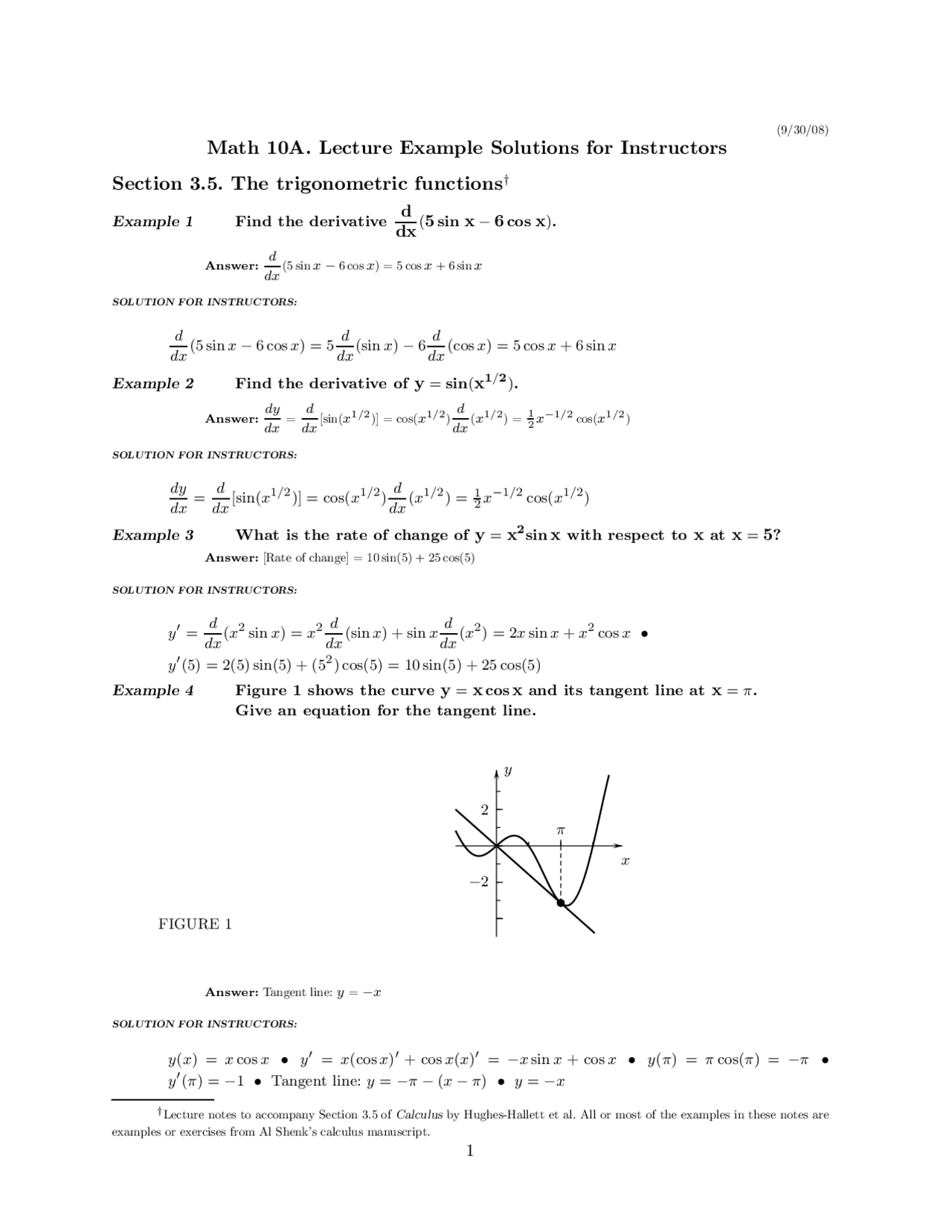 Trigonometry Functions, Equations of Tangent Lines - Solved Examples | POLI 30 - Docsity
