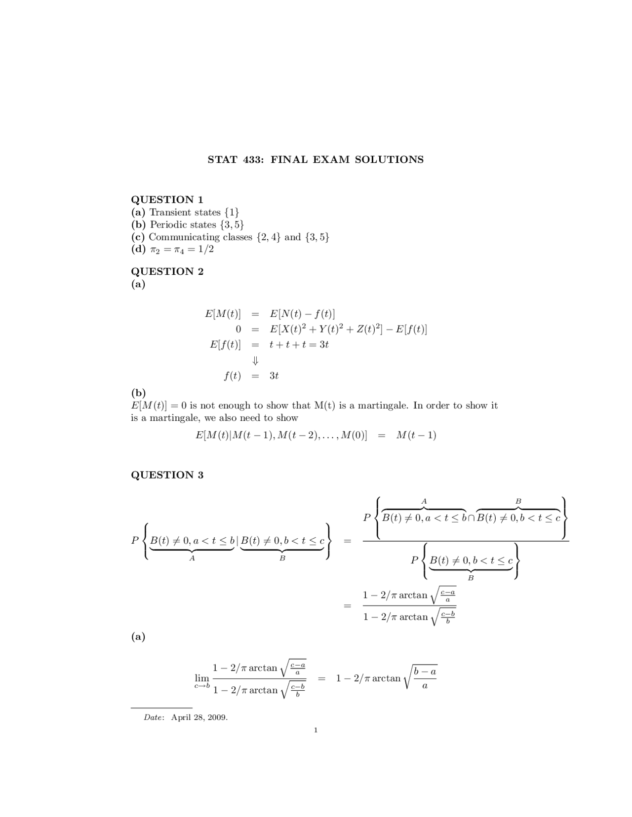 Final Examination With Solutions Stochastic Processes Stat 433