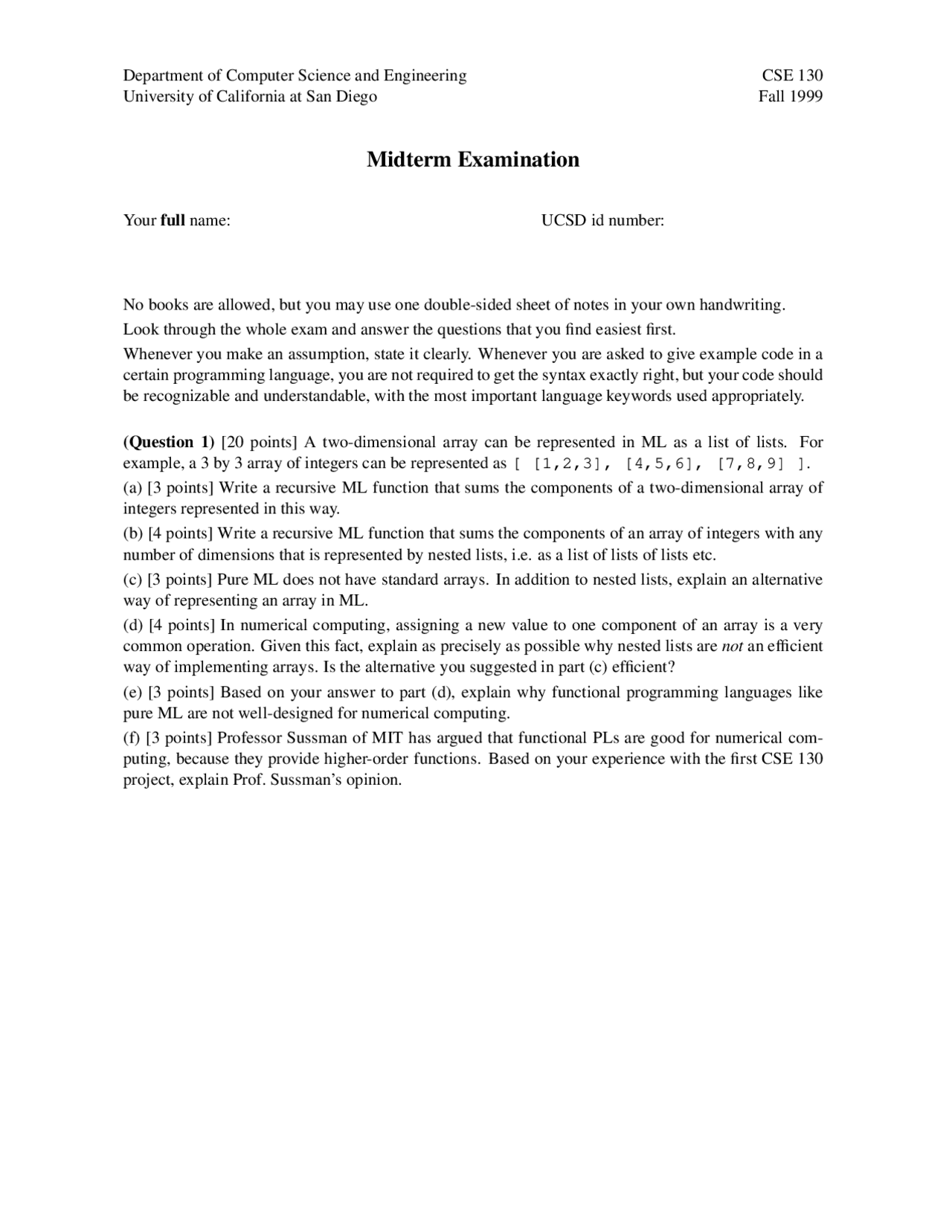 Programming Languages Principles And Paradigm Midterm Exam Cse 130 Docsity