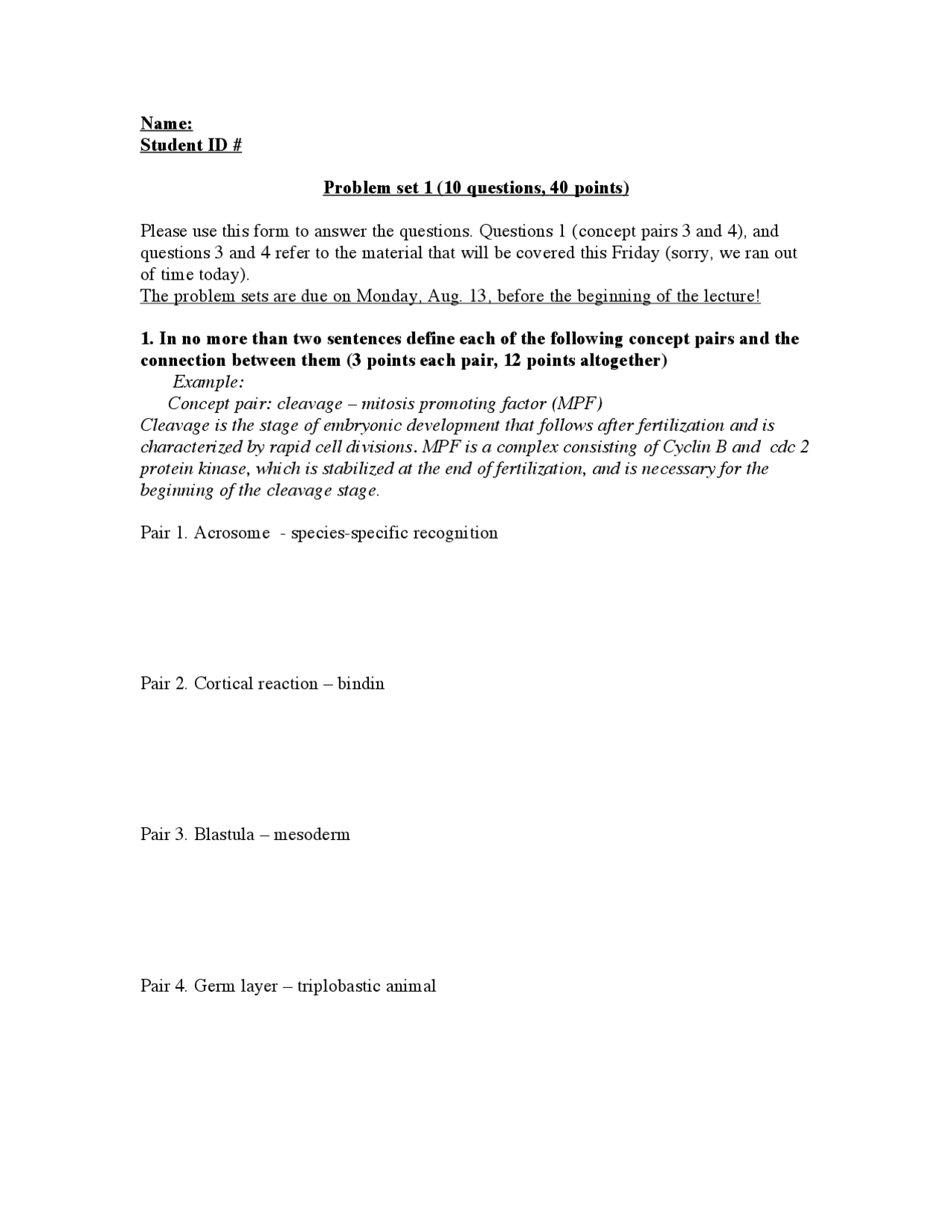 Problem Set 1 Embryos Genes And Development Bicd 130 Docsity