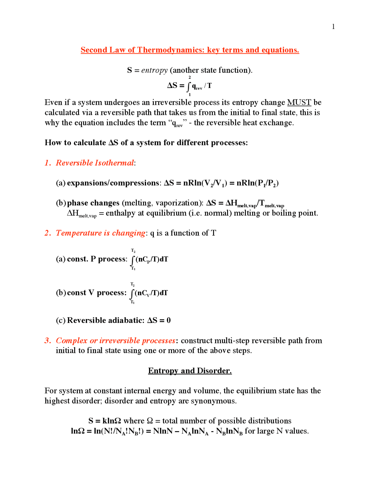 Second Law Of Thermodynamics Key Terms And Equations Mse 260 Docsity