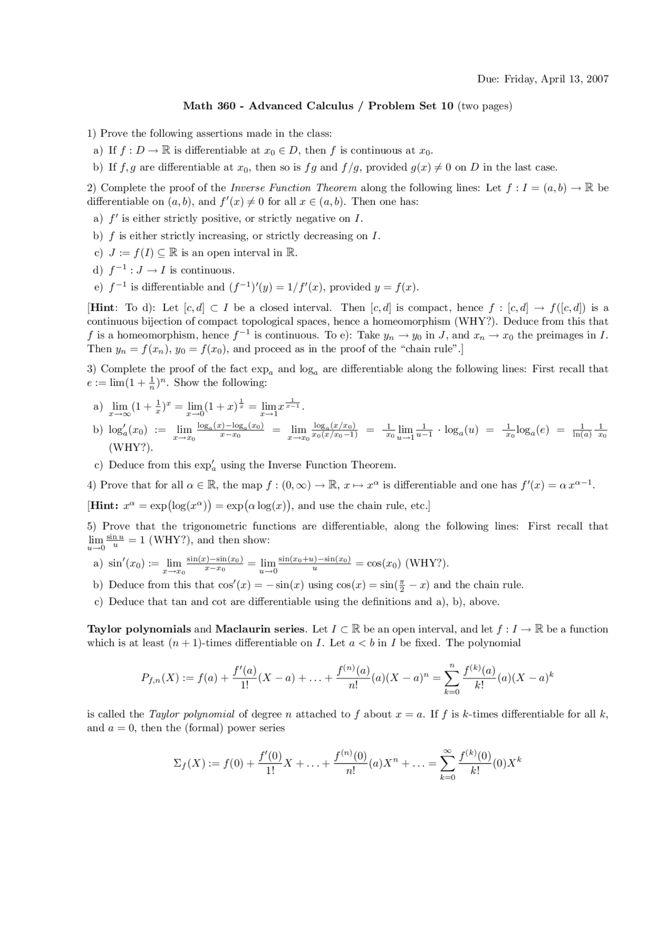Problem Set 10 Advanced Calculus Math 360 Assignments Mathematics