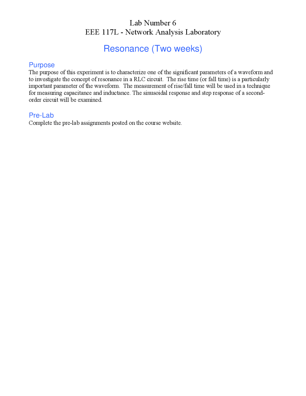 Resonance Network Analysis Laboratory Lab 6 Eee 117l Docsity