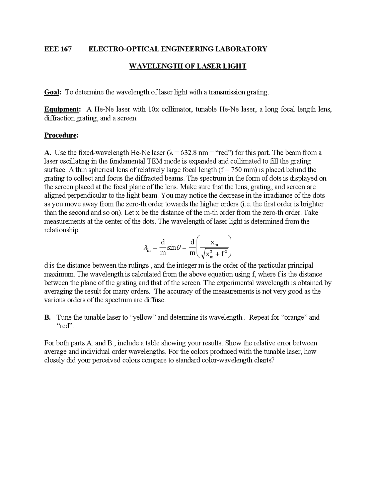 Wavelength Of Laser Light Lab Eee 167 Docsity