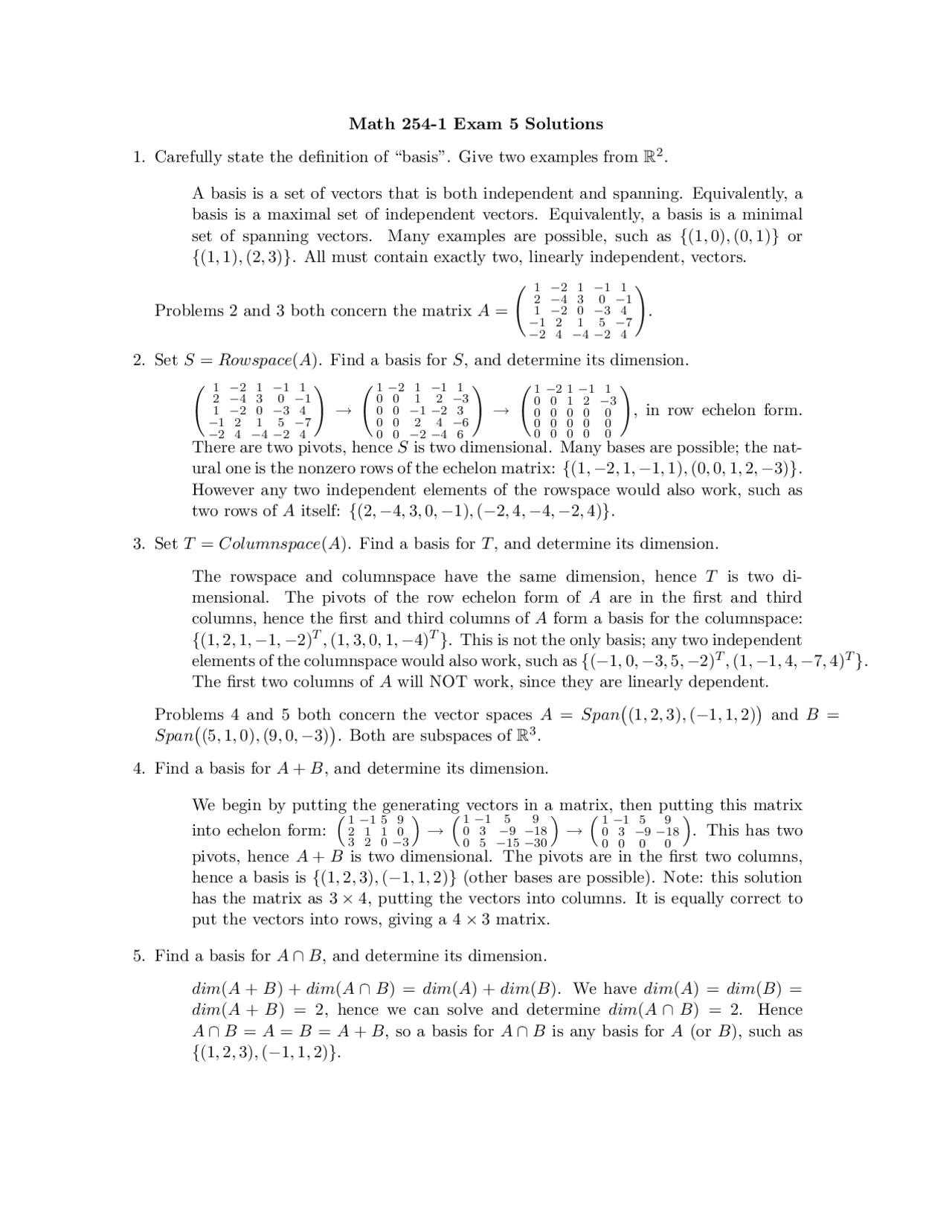 Past Examination 5 With Resolution Introduction To Linear Algebra