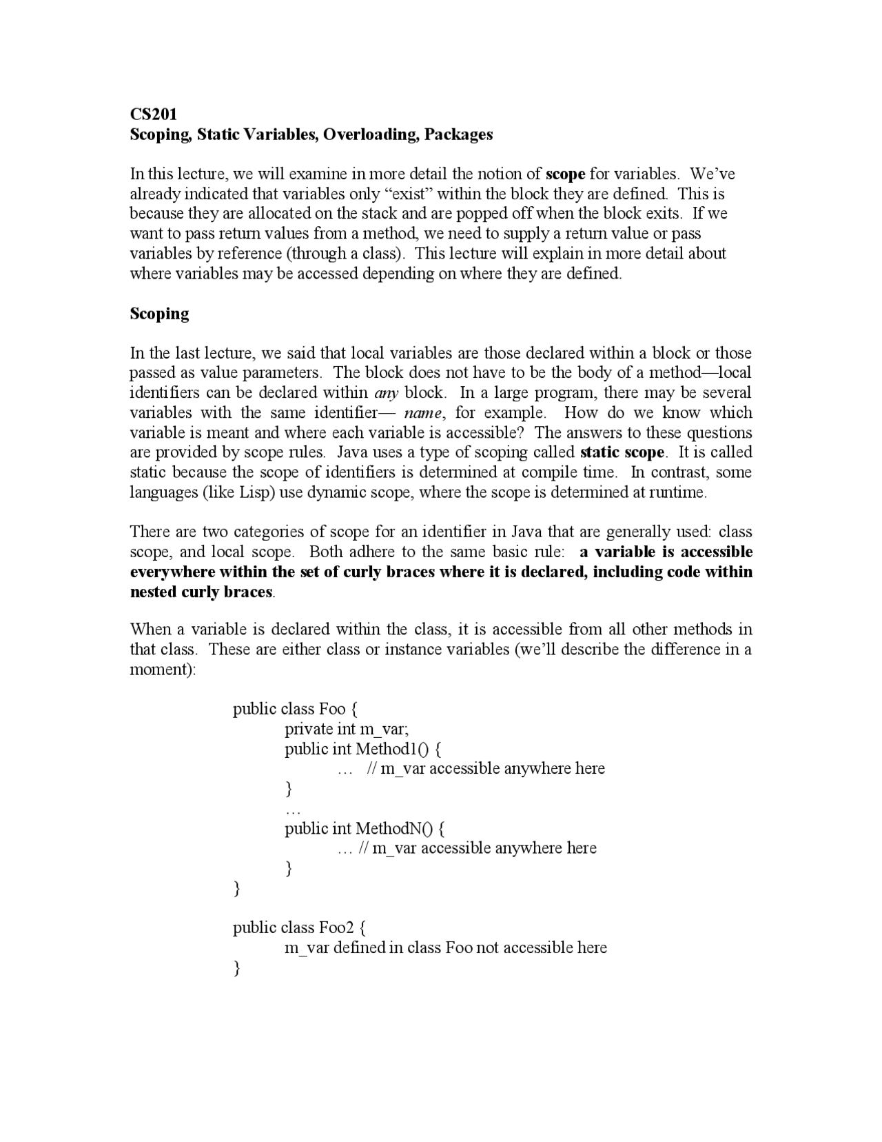 Scoping, Static Variables, Overloading and Packages - Notes | CS A201 ...