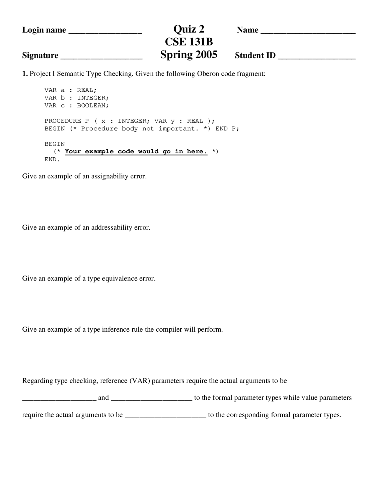Quiz 2 For Compiler Construction Cse 131 Docsity