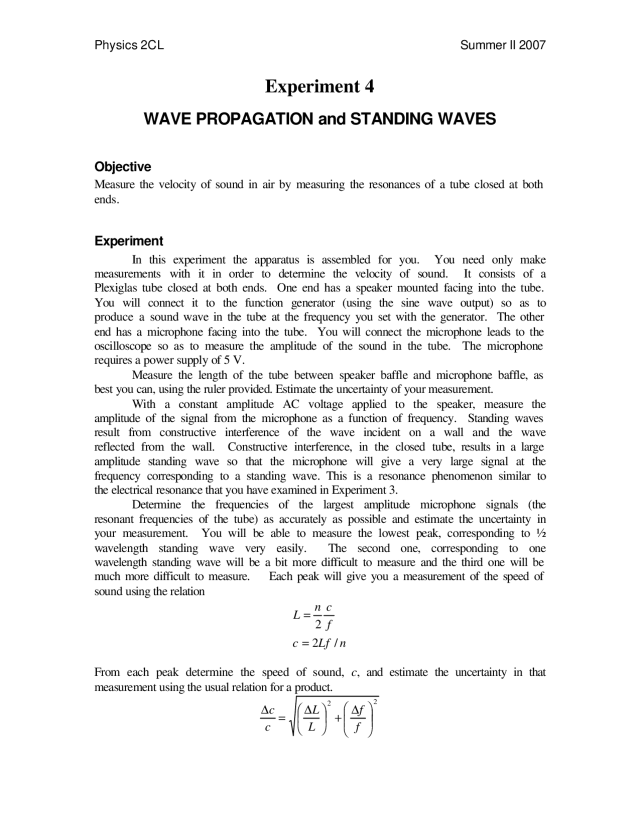 Lab 4 For Wave Propagation And Standing Waves Phys 2cl Docsity