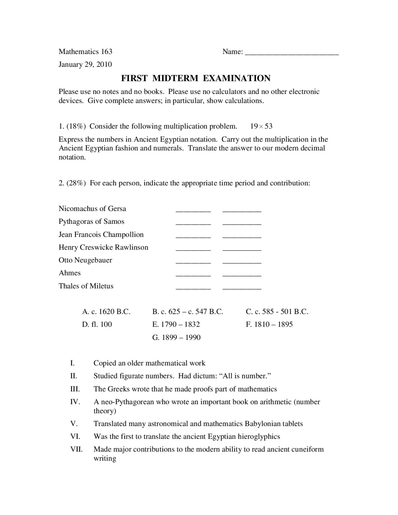 First Midterm Exam - History of Mathematics | MATH 163 | Exams ...
