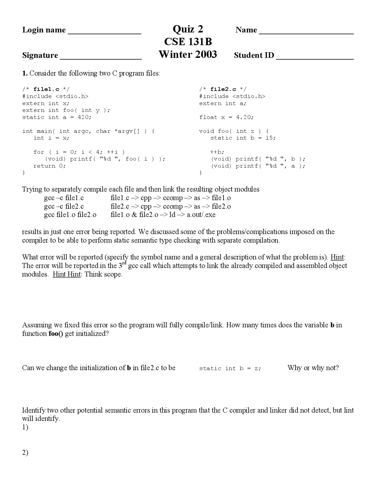 Quiz 2 Practice Problems On Compiler Construction Cse 131 Docsity