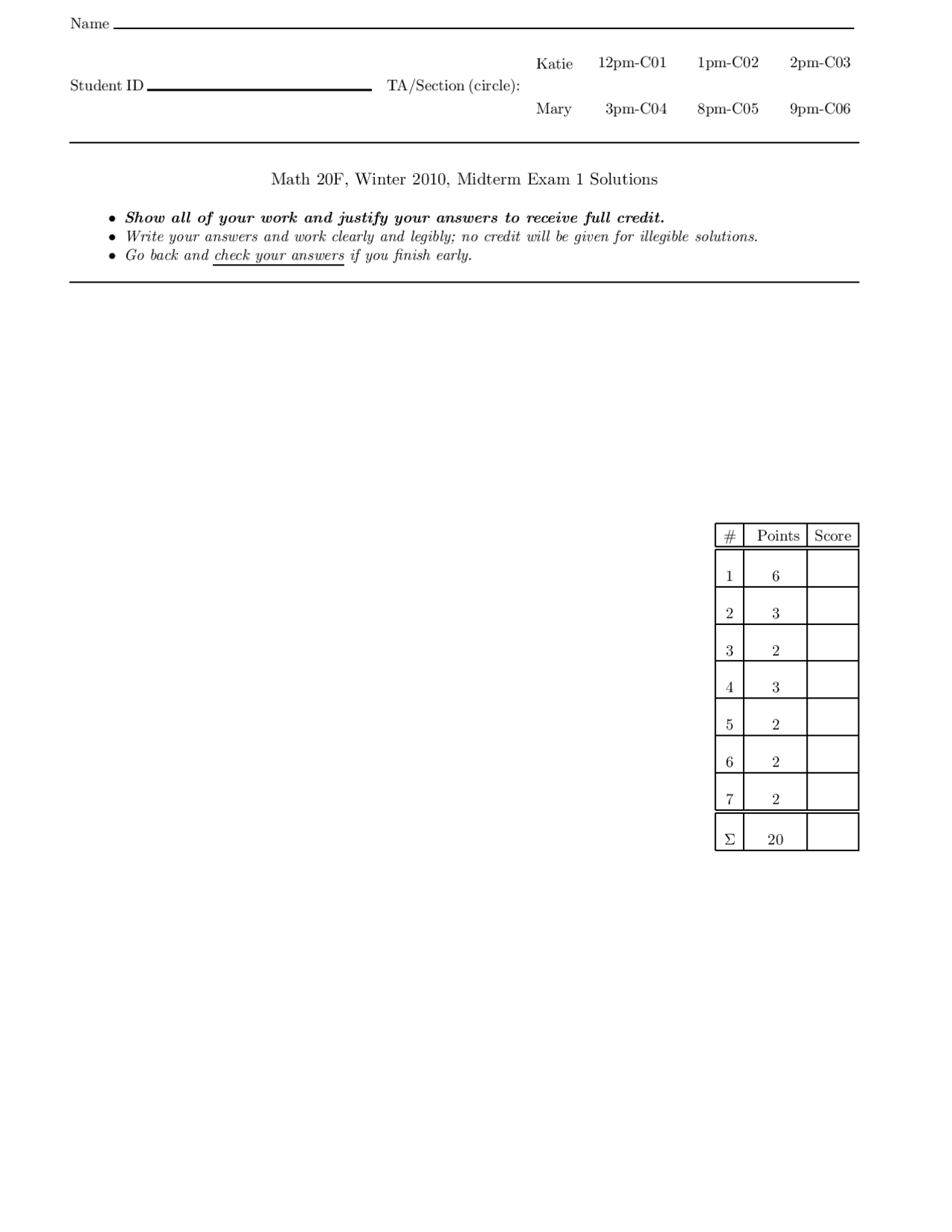 Midterm Exam 1 Solutions Linear Algebra Math 20f Docsity