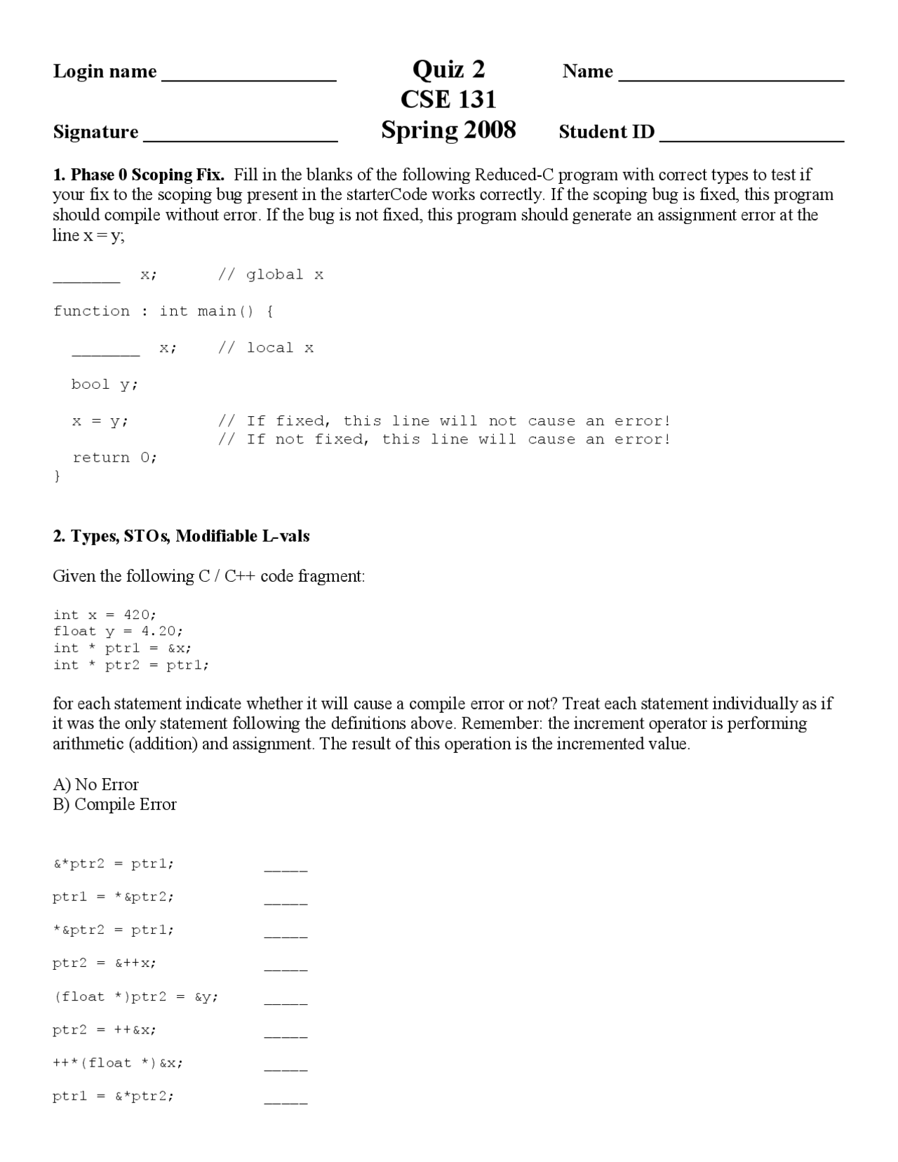 Resolution Of Practice Quiz 2 On Compiler Construction Cse 131 Docsity