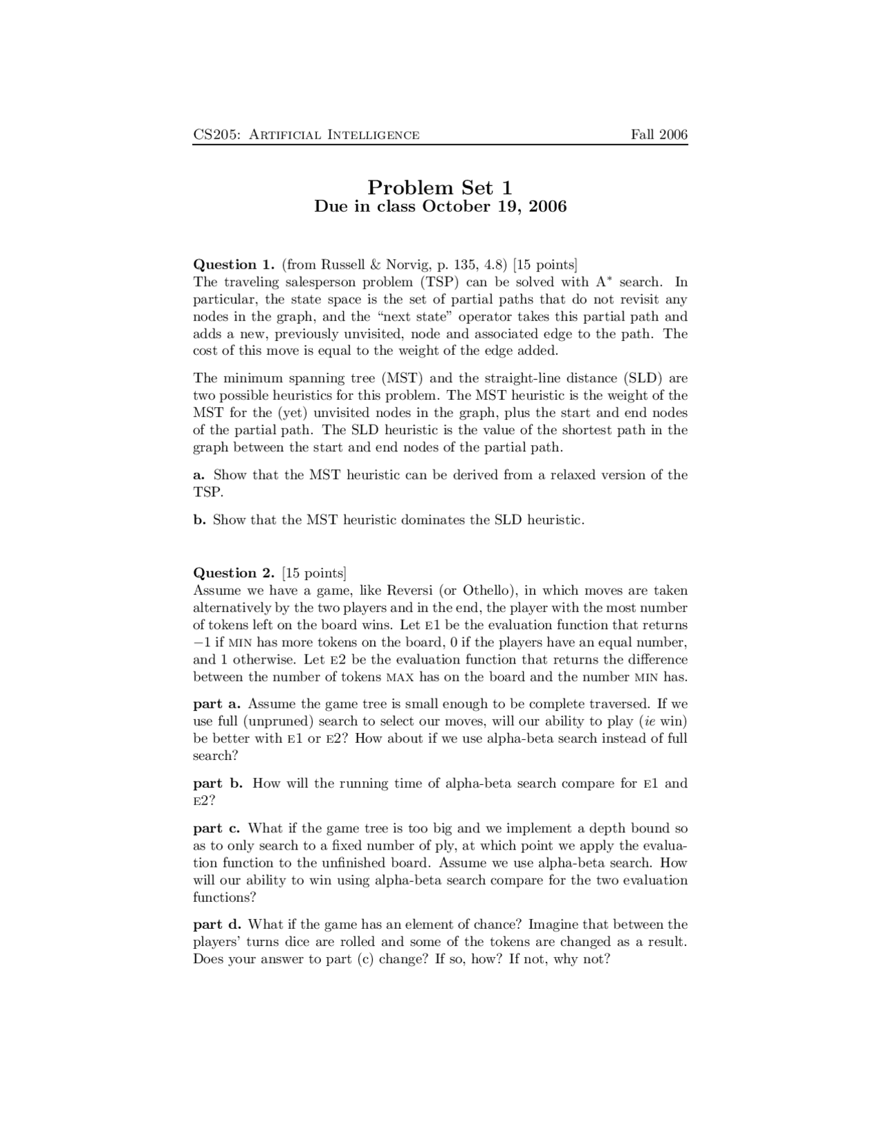 4 Questions On Artificial Intelligence Problem Set 1 Cs 205 Docsity