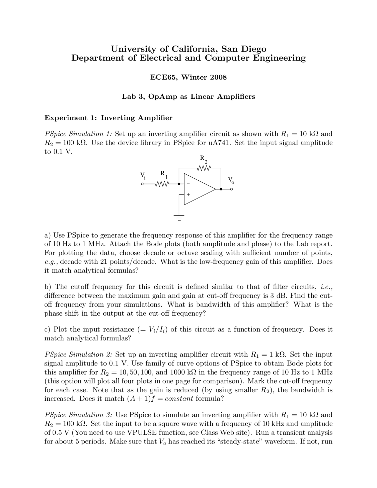 Opamp As Linear Amplifiers Laboratory 3 Ece 65 Docsity