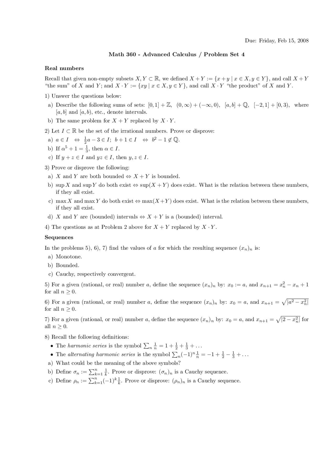 Problem Set 4 Questions - Advanced Calculus | MATH 360 - Docsity