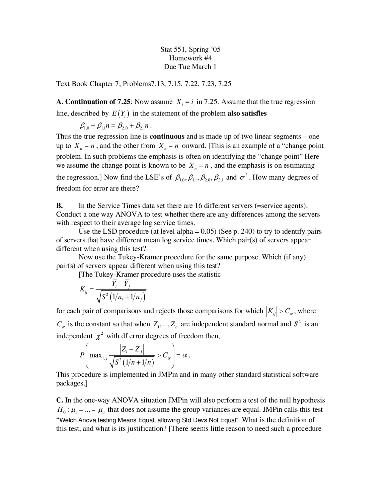 Homework 4 Introduction To Linear Statistical Model Stat 551 Docsity