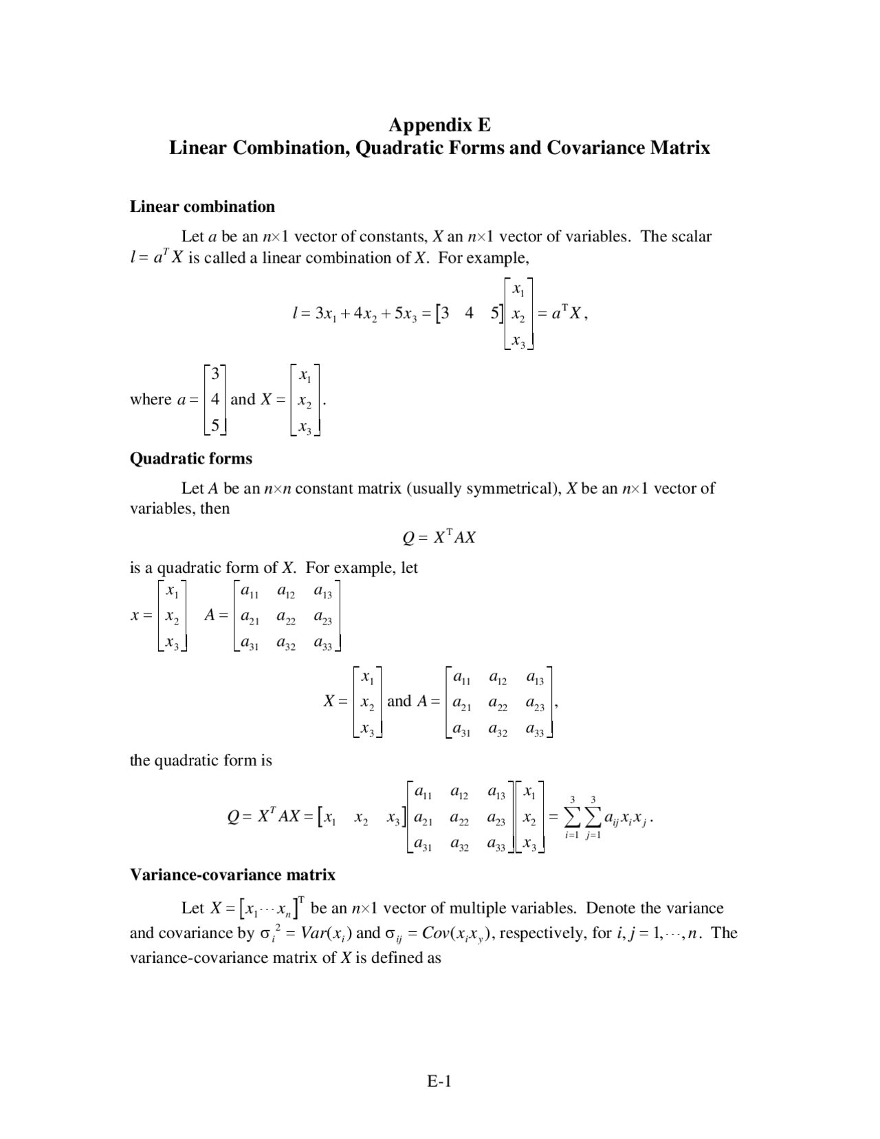 Notes on Linear Combination, Quadratic Forms and Covariance Matrix ...
